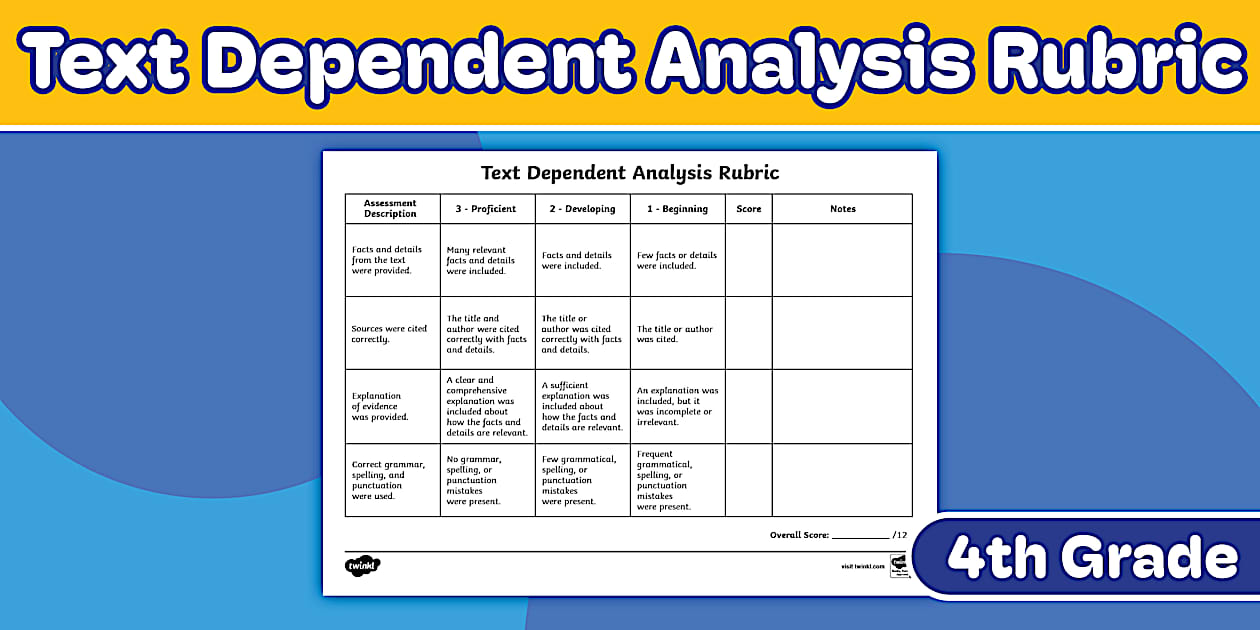 Fourth Grade Text Dependent Analysis Rubric