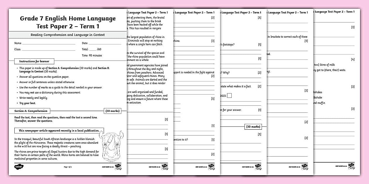 English Home Language Test Grade 7- Term 1 - Twinkl
