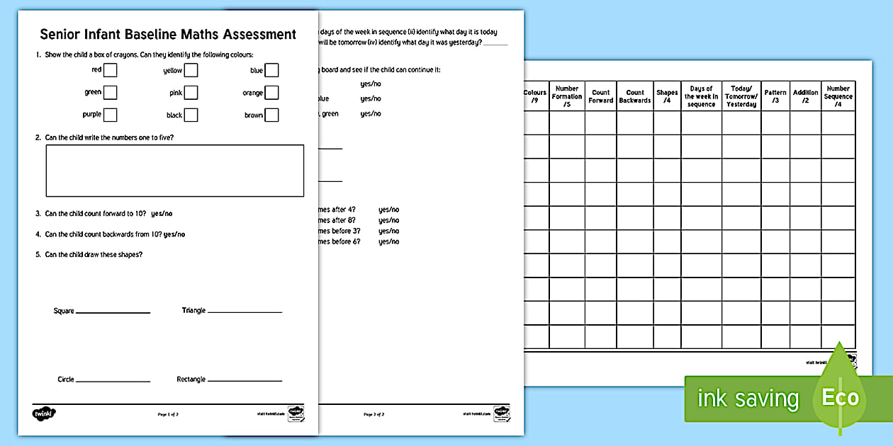 Senior Infants Numeracy Baseline Assessment Tracker - Twinkl
