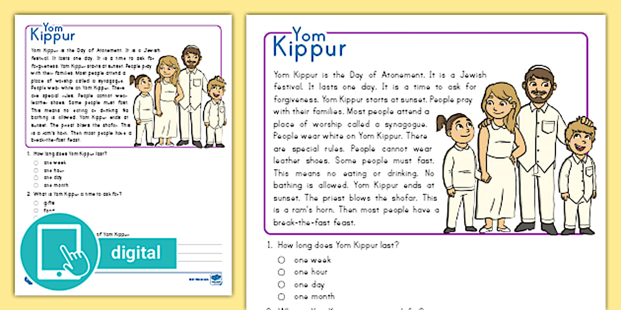 First Grade Yom Kippur Reading Passage Comprehension Worksheet