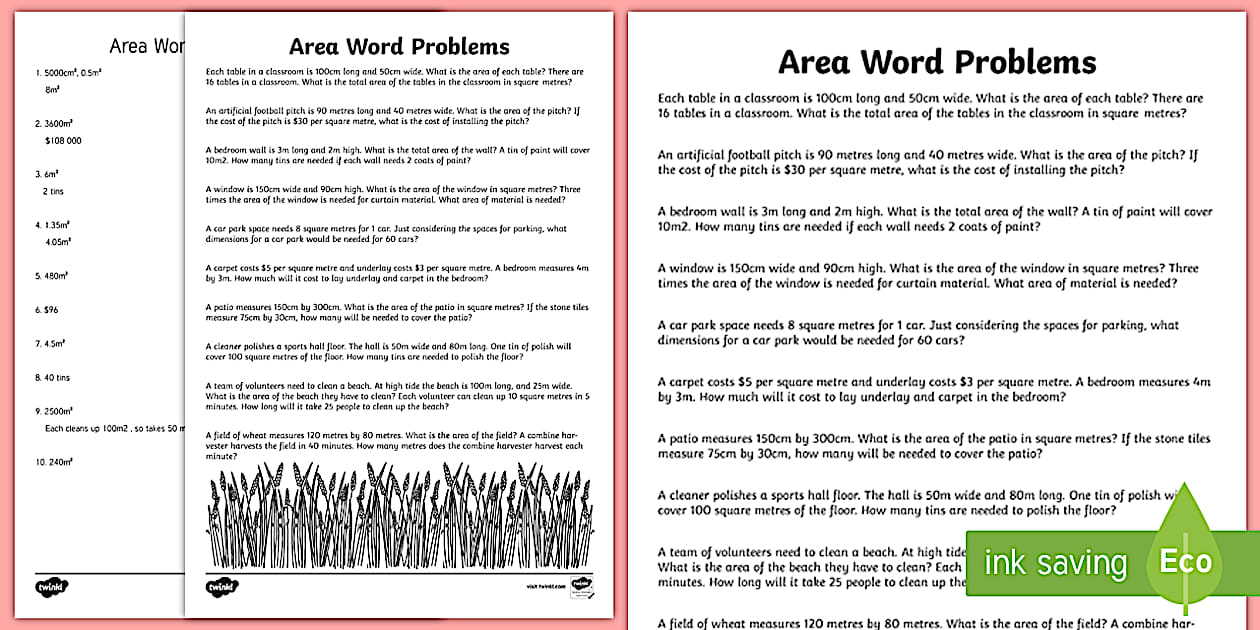Word Problems Using Area Worksheet / Worksheet - Twinkl