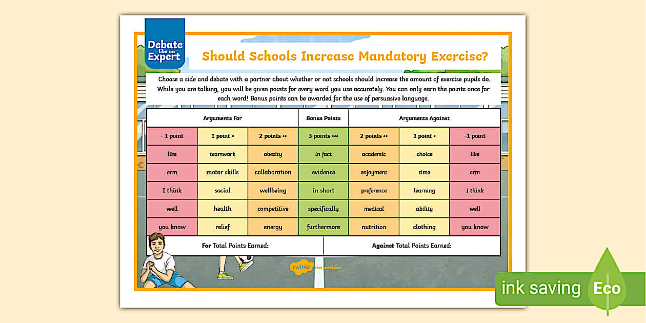 KS2 Debate Card: Should Schools Increase Mandatory Exercise?