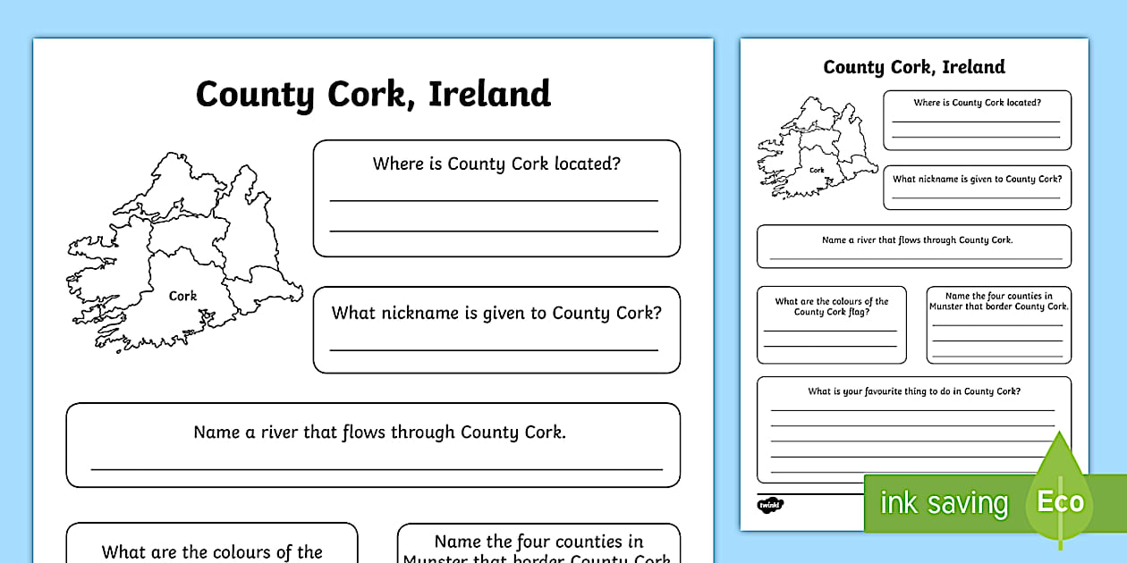 County Cork Map and Questions Worksheet - Twinkl