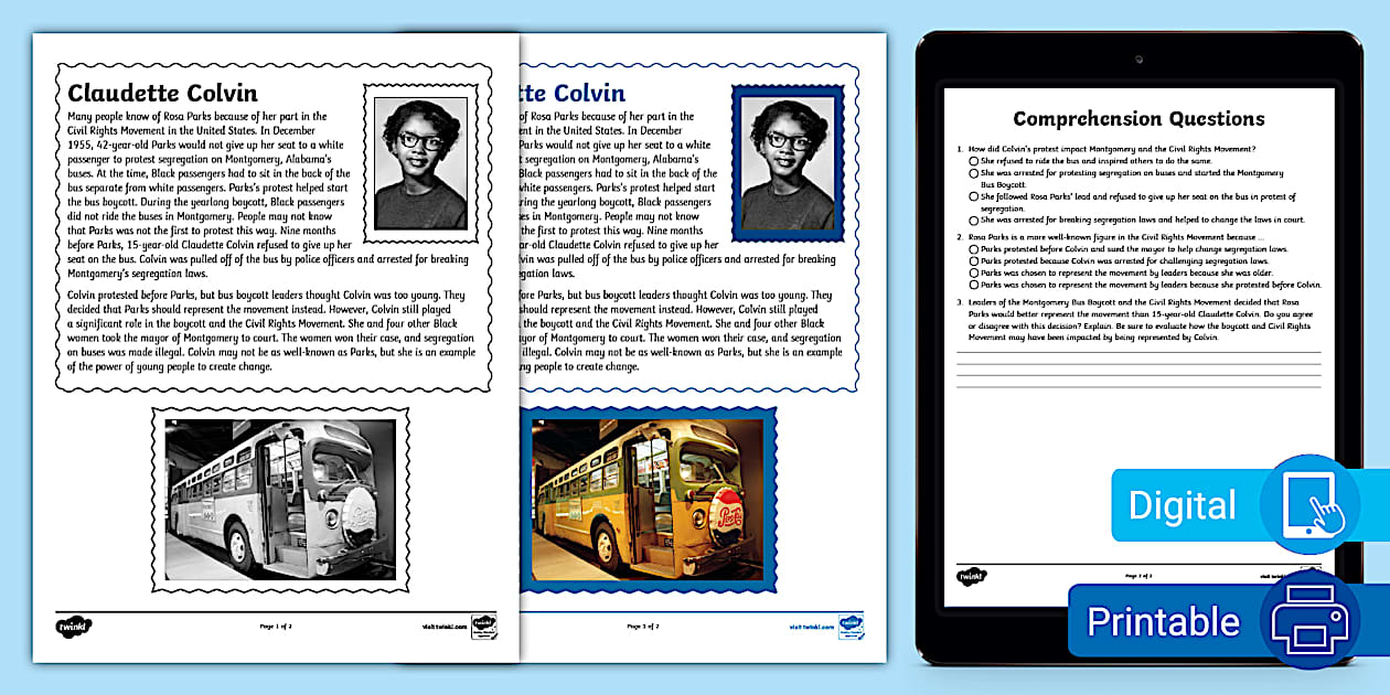 Sixth Grade Claudette Colvin Reading Passage Comprehension Worksheet