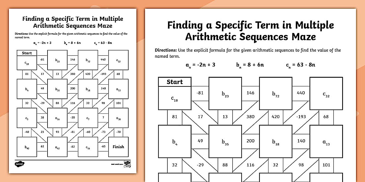 Algebra I: Finding a Specific Term in Multiple Arithmetic Sequences Maze