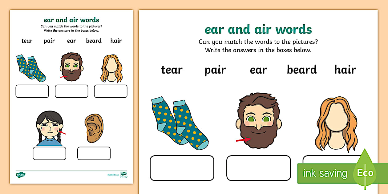 ear' and 'air' Sounds Matching Activity Worksheet - Twinkl