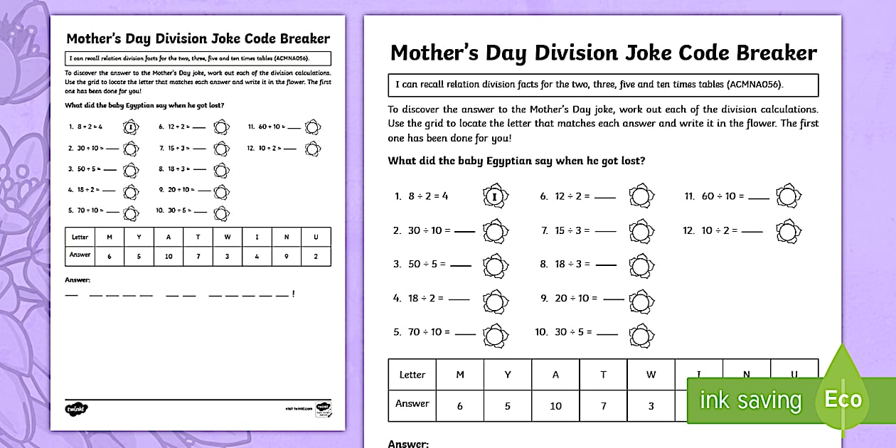 Year 3 Mother\'s Day Division Joke Code Breaker Worksheet / Worksheet