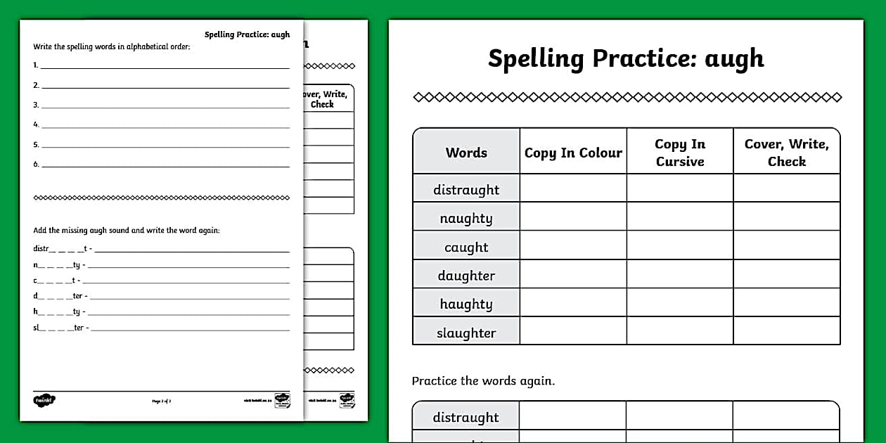 Grade 3 -augh Spelling Practice Sheets - Twinkl