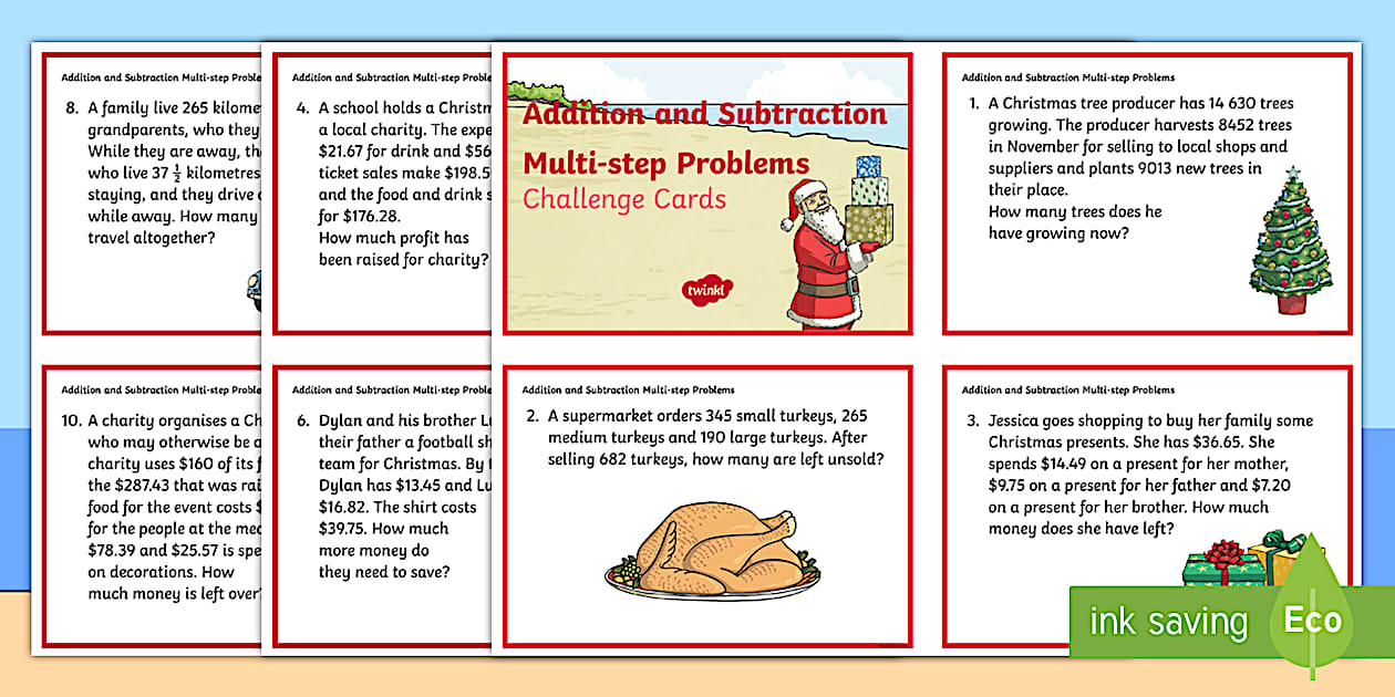 Addition and Subtraction Multi-step Word Problems Christmas Maths Challenge