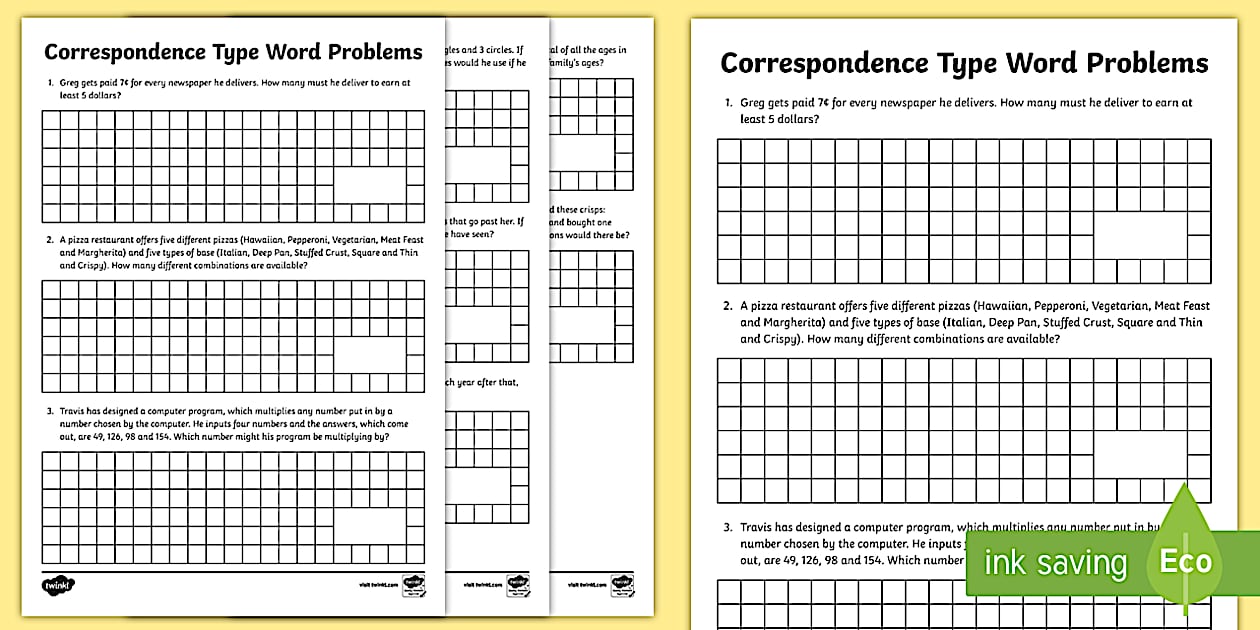 Correspondence Type Word Problems Activity - Twinkl