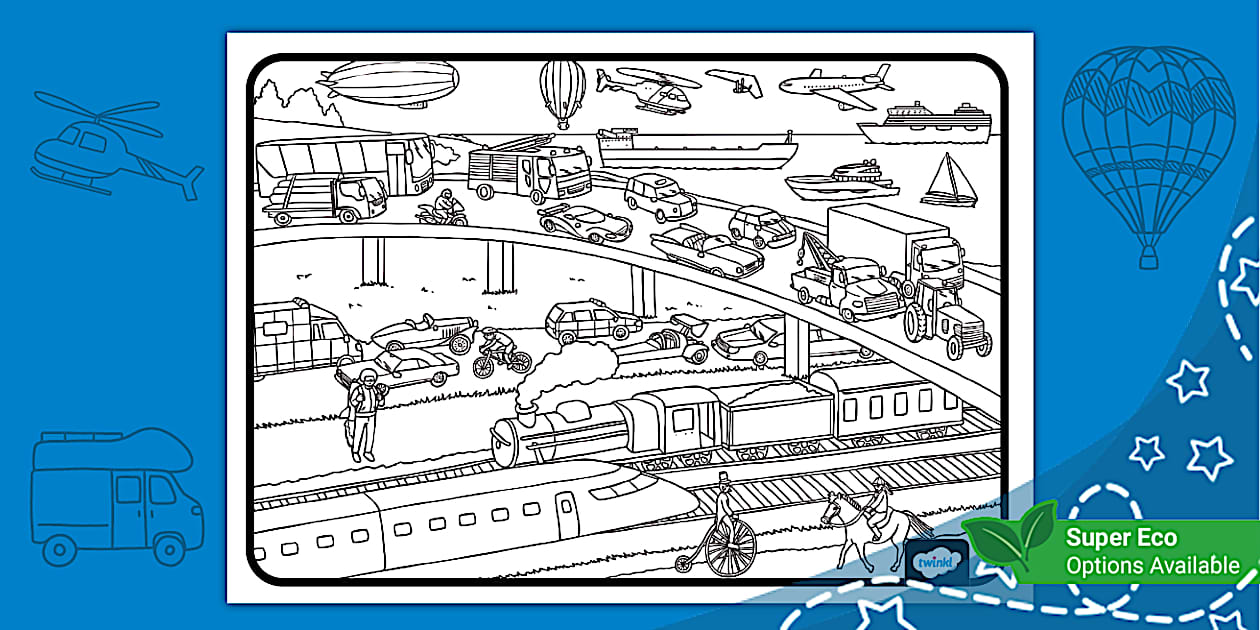 Busy Picture Transport Colouring Page (teacher made)