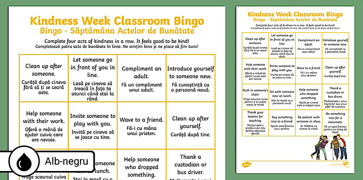 Kindness Week Classroom Bingo Activity English/Romanian