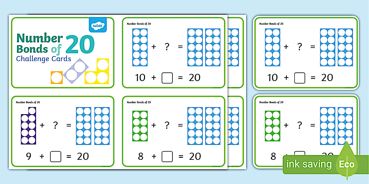 Number Shapes Number Bonds to 20 Challenge Cards - KS1 Maths