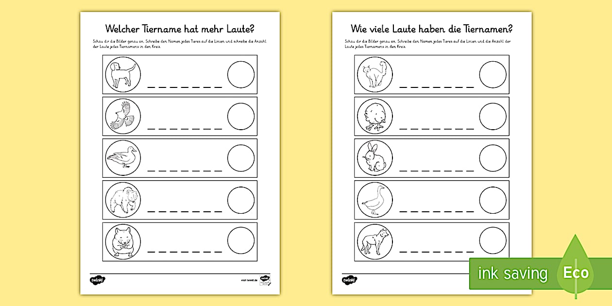 Wie viele Laute haben die Tiernamen? - Arbeitsblatt - Twinkl