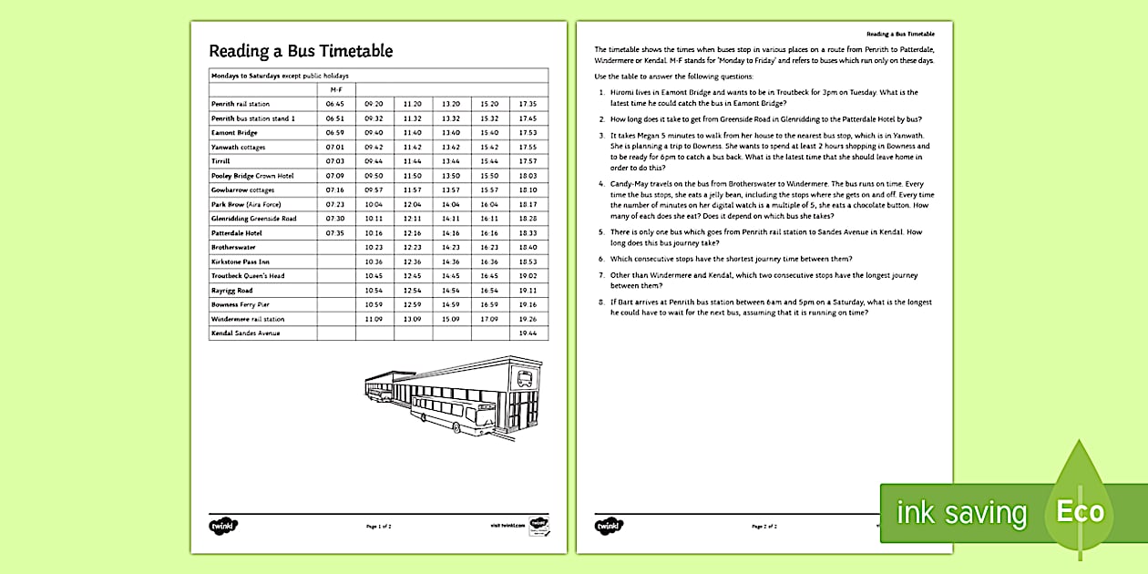 Reading a Bus Timetable Worksheet / Worksheet - Twinkl