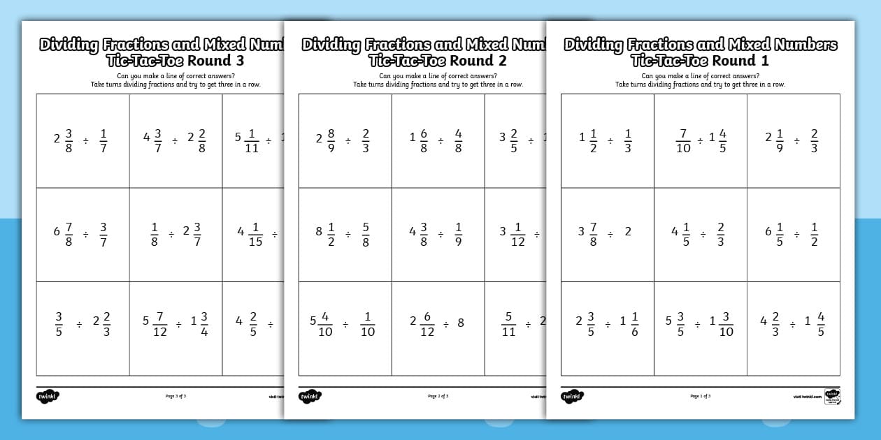 Sixth Grade Dividing Fractions and Mixed Numbers Tic-Tac-Toe