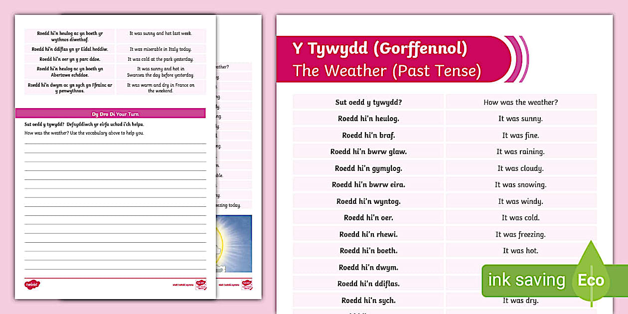 Learn Welsh 11-14: Taflen Weithgaredd y Tywydd (Gorffennol) / The Weather