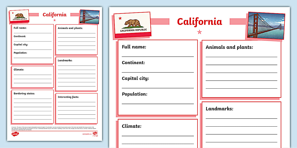 California Fact File Template, California, States - Twinkl
