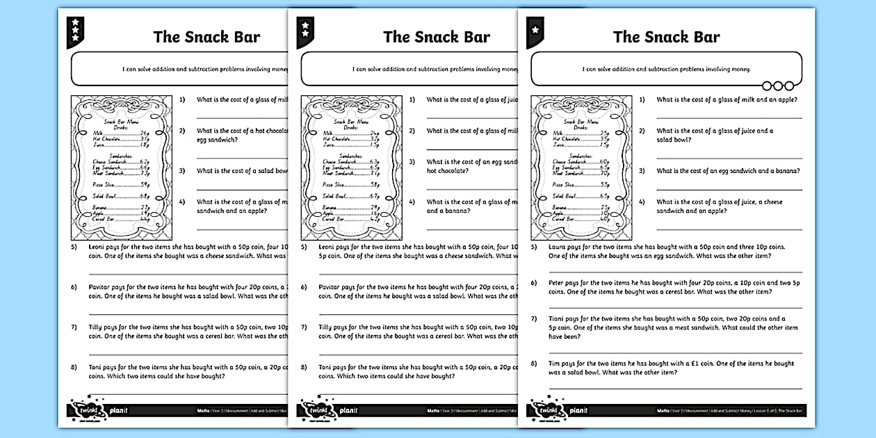 The Snack Bar Differentiated Worksheet / Worksheets - Twinkl