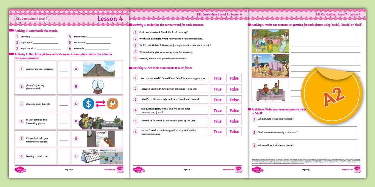 ESL Curriculum Level 7, Lesson 4 Worksheet (Teacher-Made)