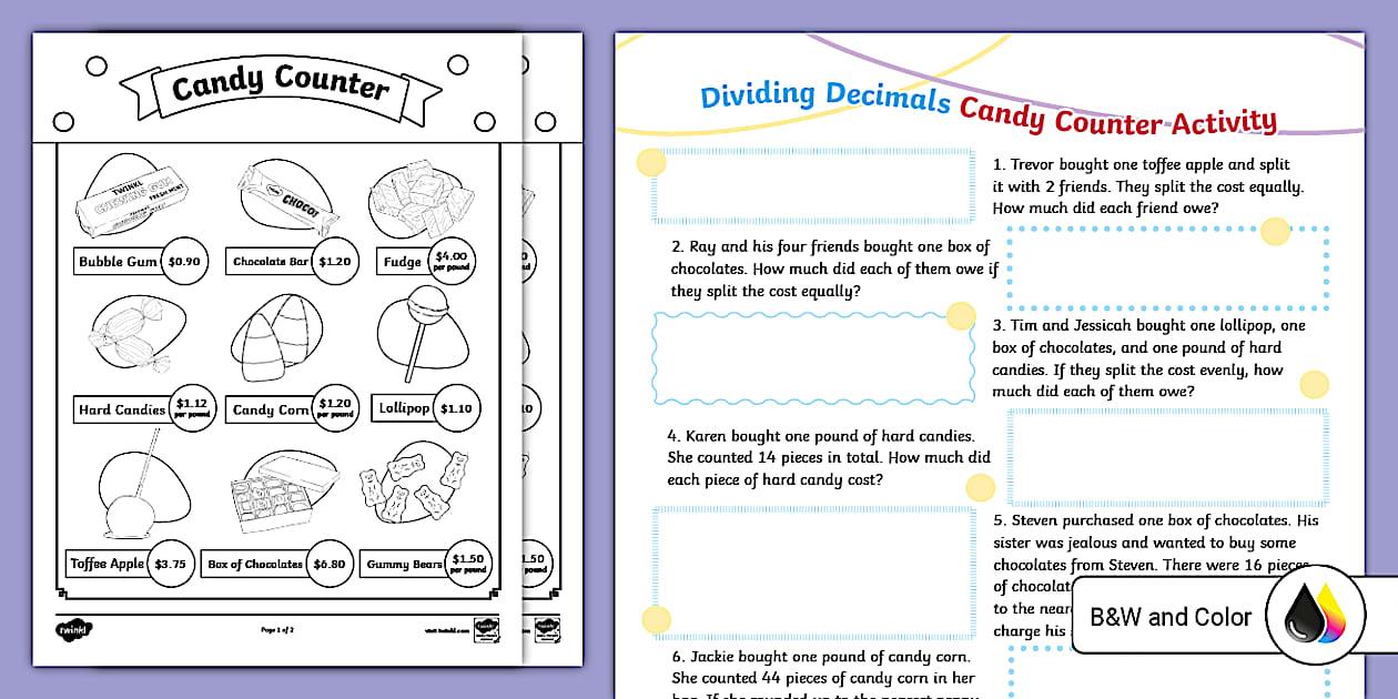 Sixth Grade Dividing Decimals Candy Counter Activity Worksheet