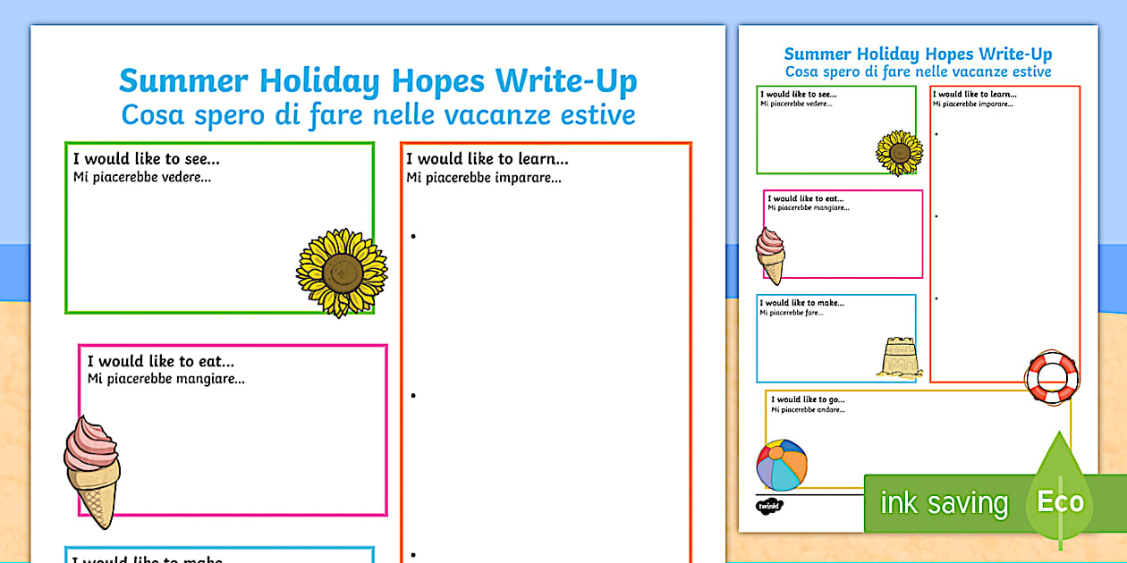 Summer Holiday Hopes Write Up Worksheet / Worksheet - English/Italian
