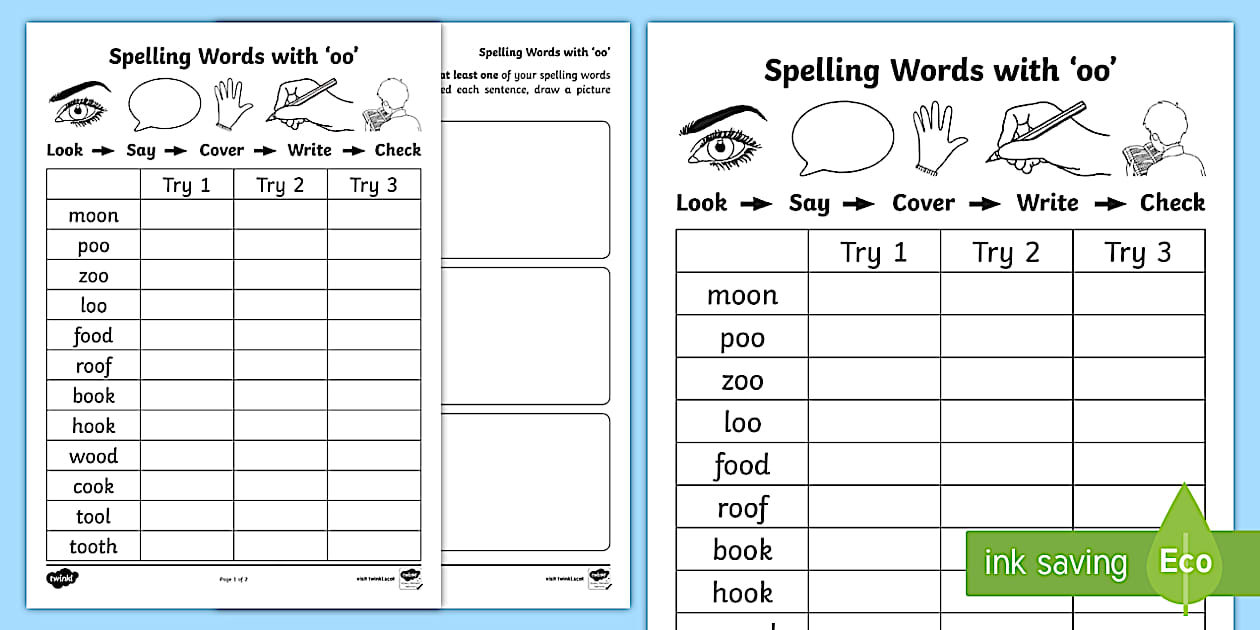 'oo' Spelling List Worksheets - Twinkl