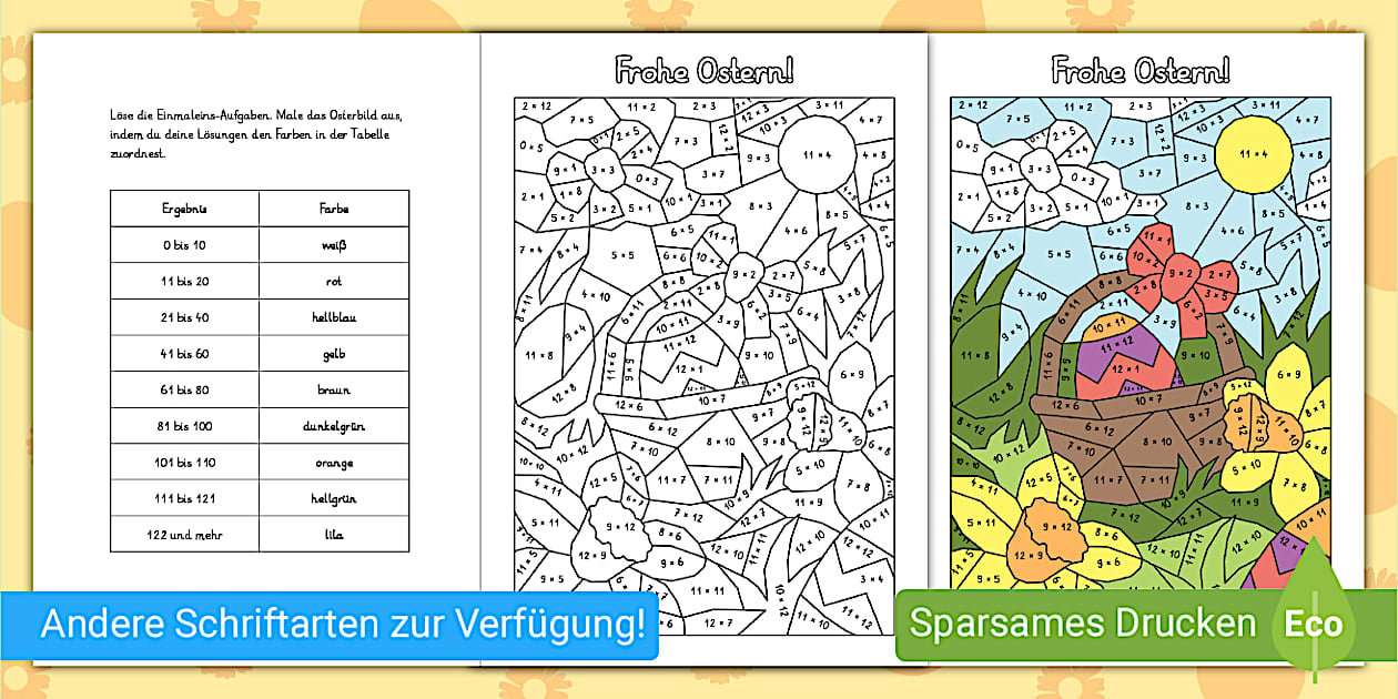Osterkarte zum Ausmalen - Malen nach Zahlen zum Einmaleins | Grundschule