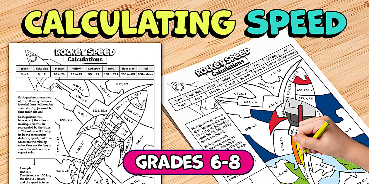 Color by Number Rocket Speed Calculations Worksheet for 6-8