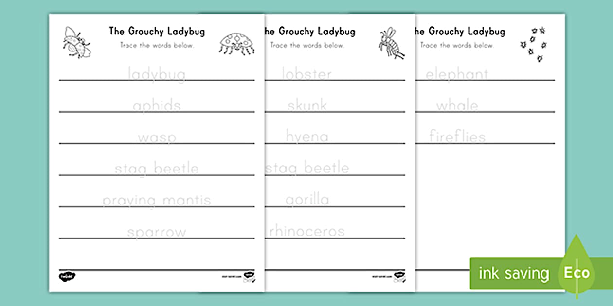 The Grouchy Ladybug Trace the Words Worksheet (teacher made)