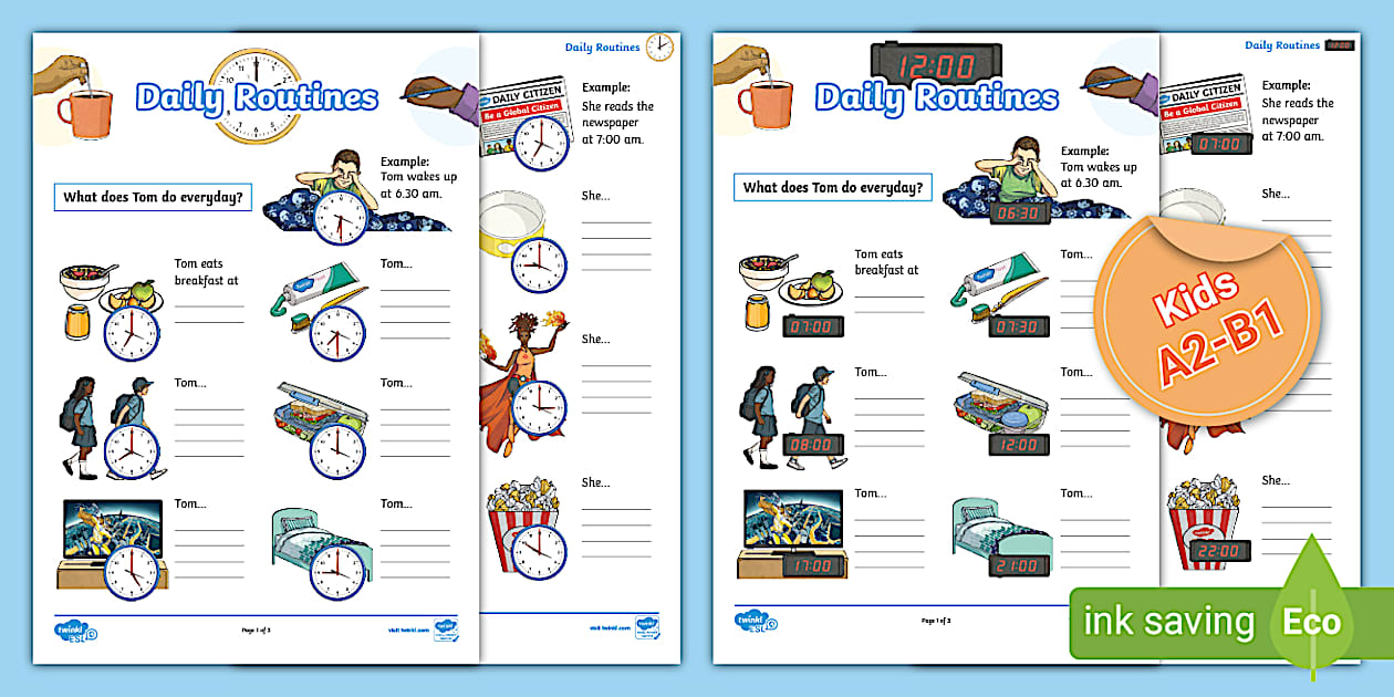 ESL Daily Routines Worksheet [Kids, A2-B1] (teacher made)