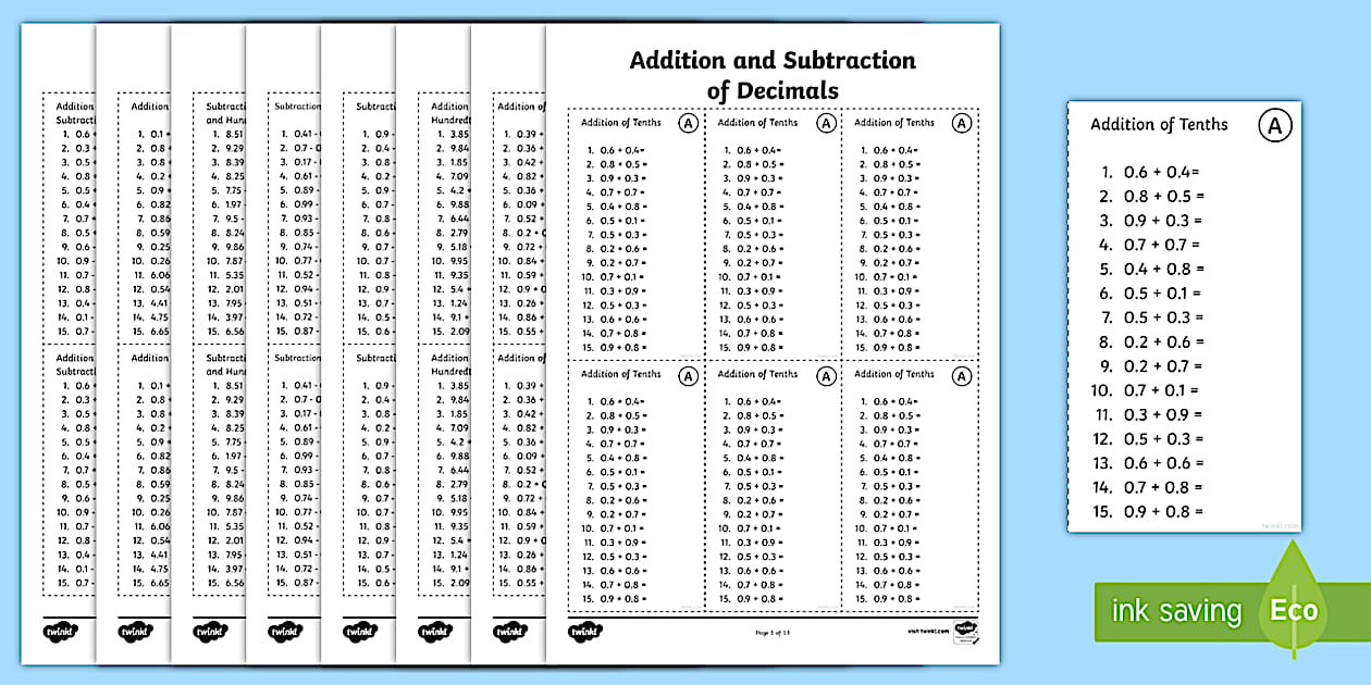 Addition and Subtraction of Decimals Horizontal Worksheet