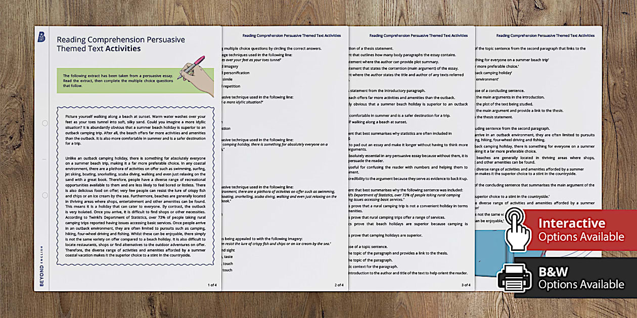Reading Comprehension Persuasive Themed Text Activities