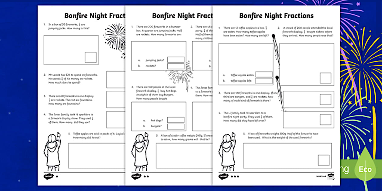Year 3 Bonfire Night Fractions Differentiated Worksheet / Worksheets