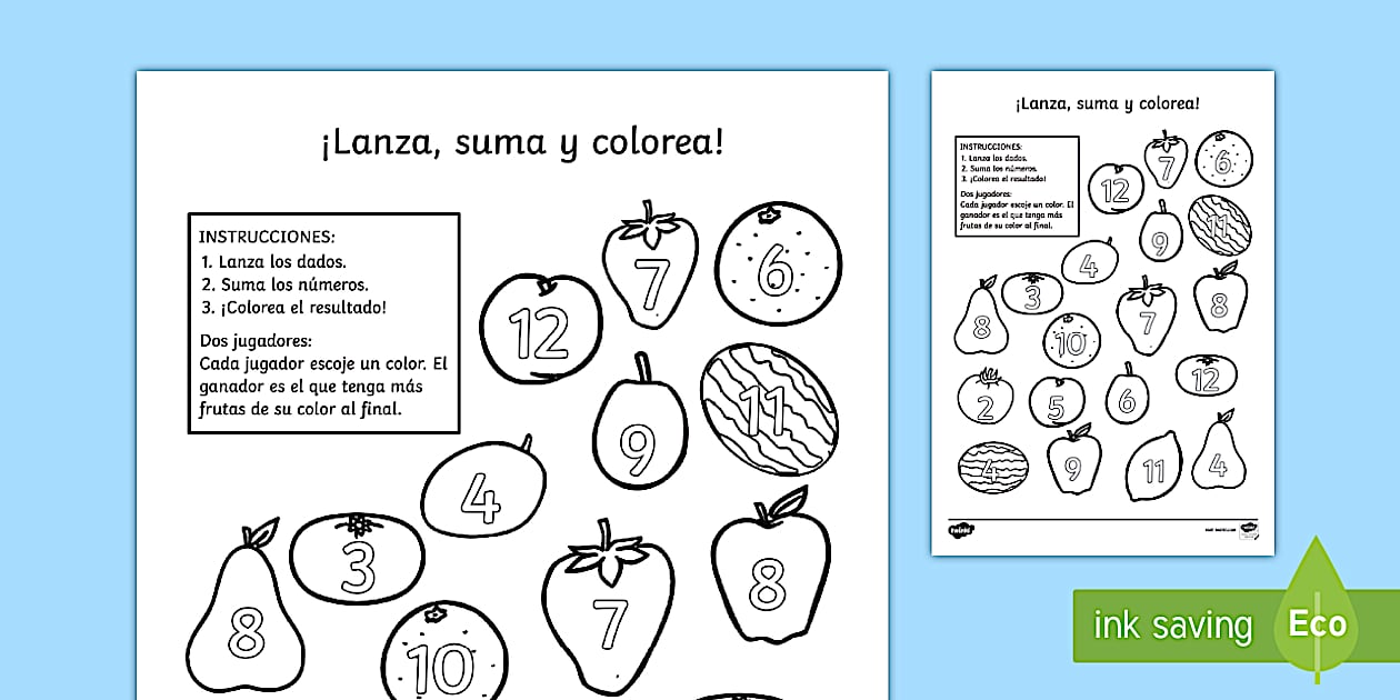 Lanza, suma y colorea Frutas Ficha para contar y sumar - Fruit Roll and