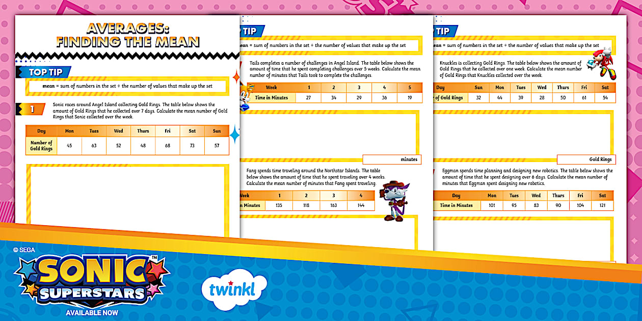 FREE! - Sonic: Calculating Averages - Finding the Mean Math Worksheet