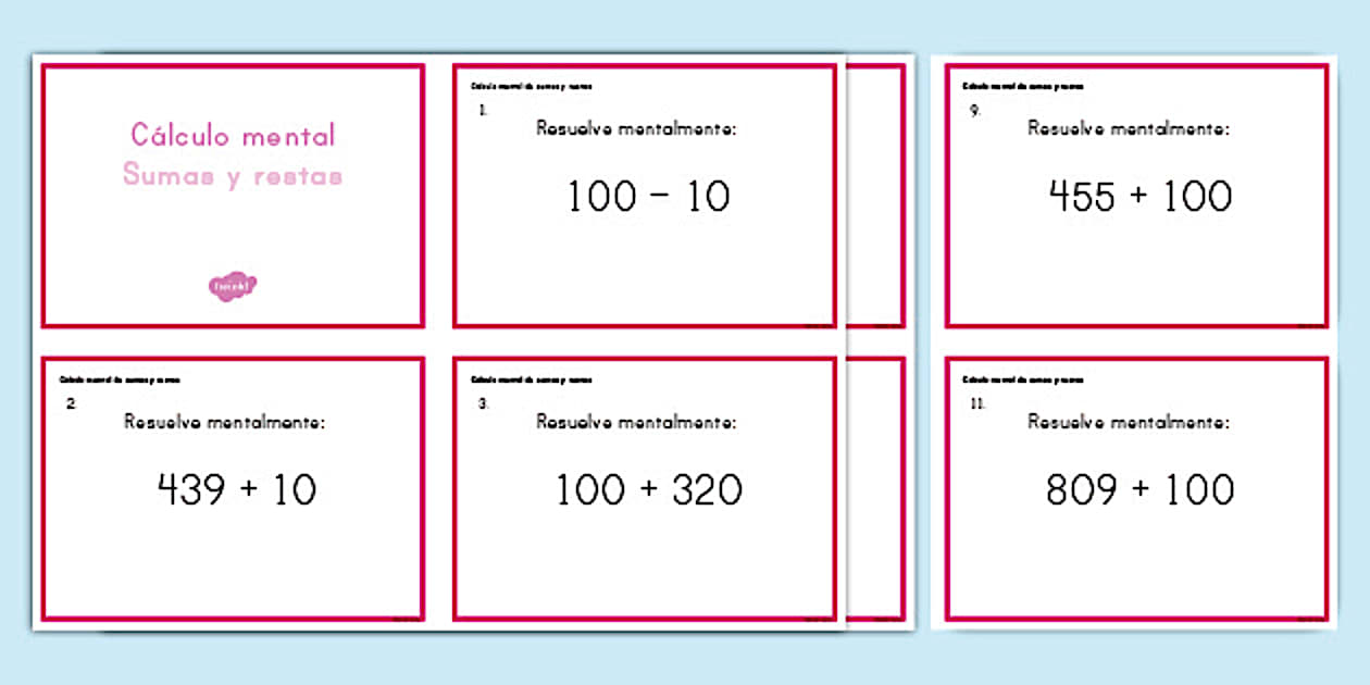 Tarjetas de desafío: Cálculo mental de sumas y restas- Guía de trabajo