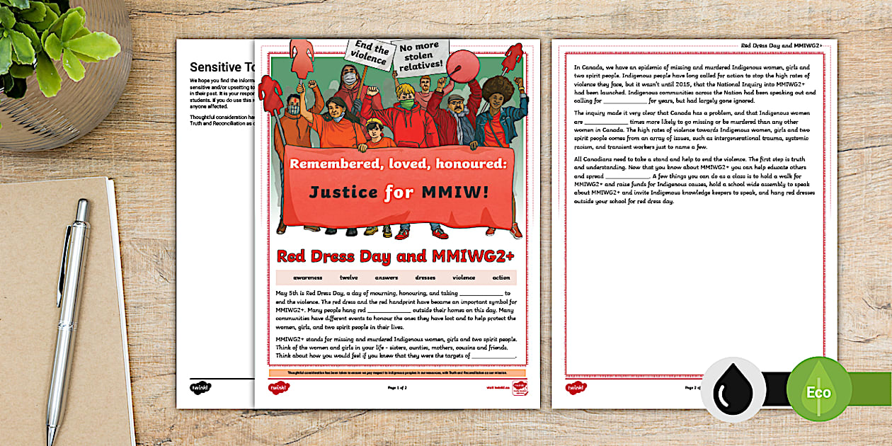 FREE! - Red Dress Day and MMIWG2+ Cloze Activity - Twinkl
