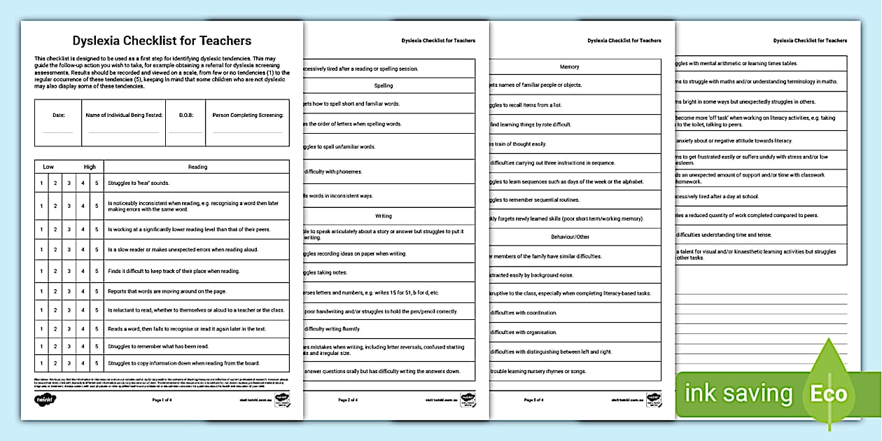 Dyslexia Checklist for Teachers | Twinkl Resources - Twinkl
