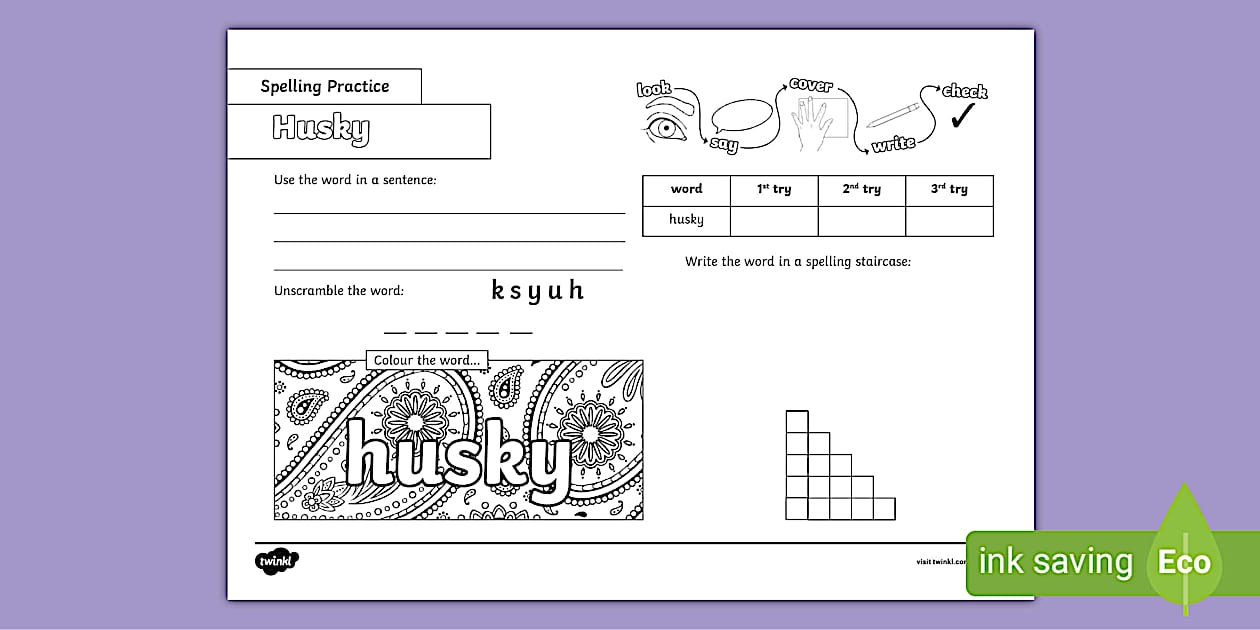 Husky Spelling Practice Worksheet (teacher made) - Twinkl