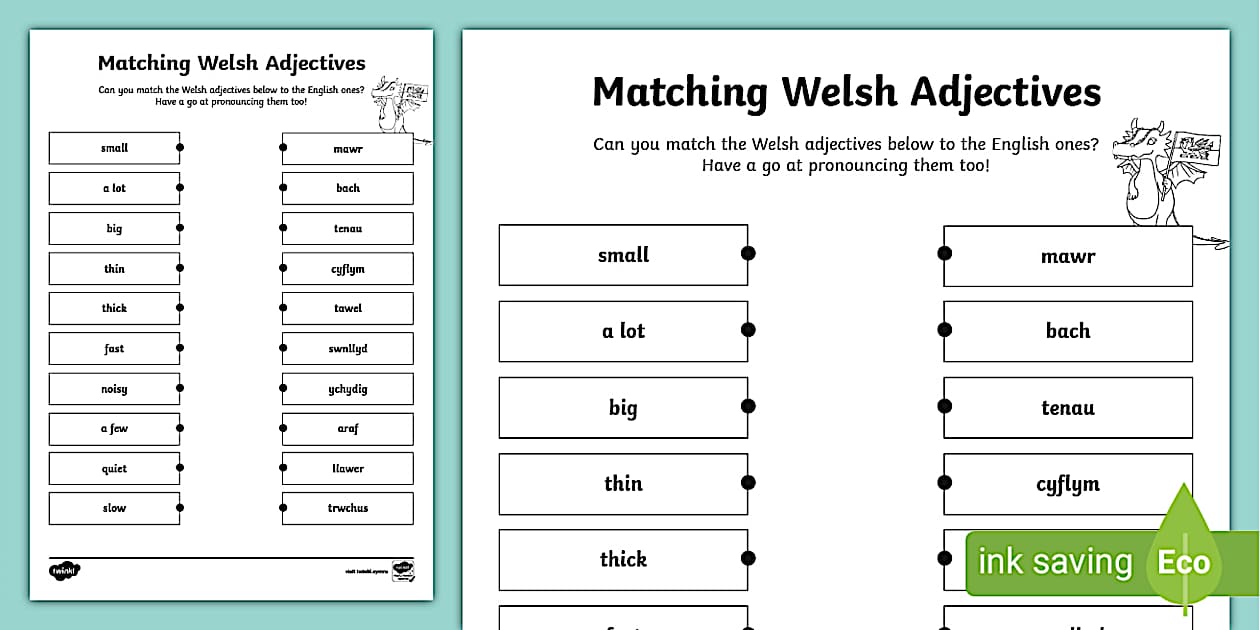 Matching Welsh Adjectives Activity Sheet (teacher made)