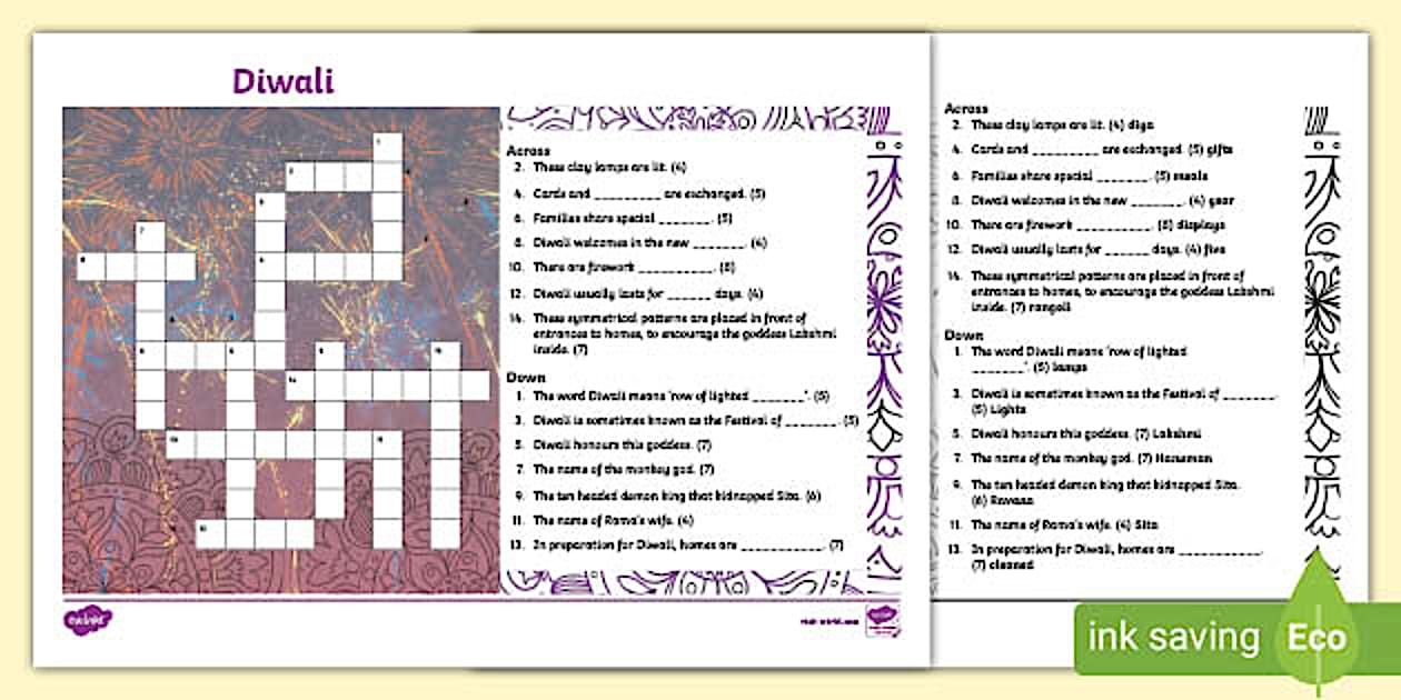 KS2 Hindu Diwali Crossword (teacher made) - Twinkl