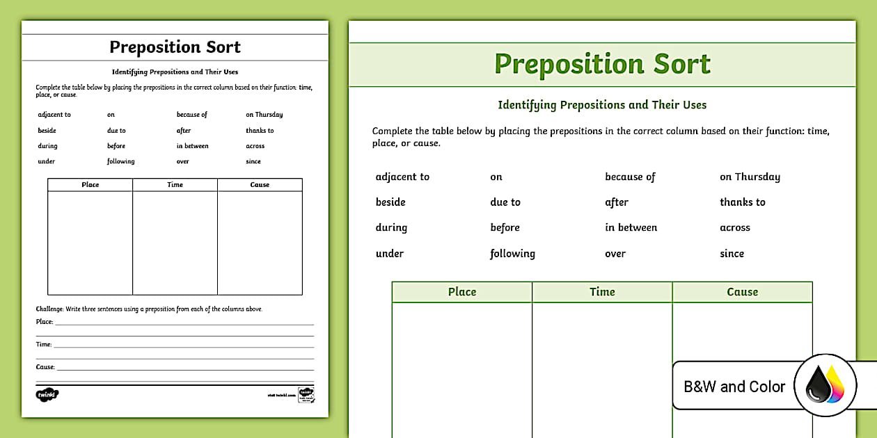 Preposition Sorting Activity Sheet for 3rd-5th Grade