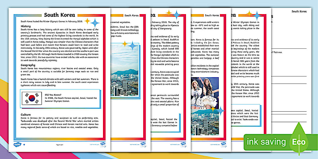KS2 South Korea Differentiated Reading Comprehension Activity