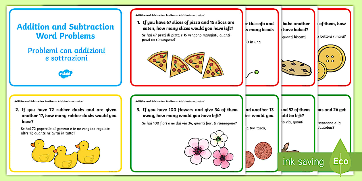 Addition and Subtraction to 100 Word Problem Challenge Cards English ...