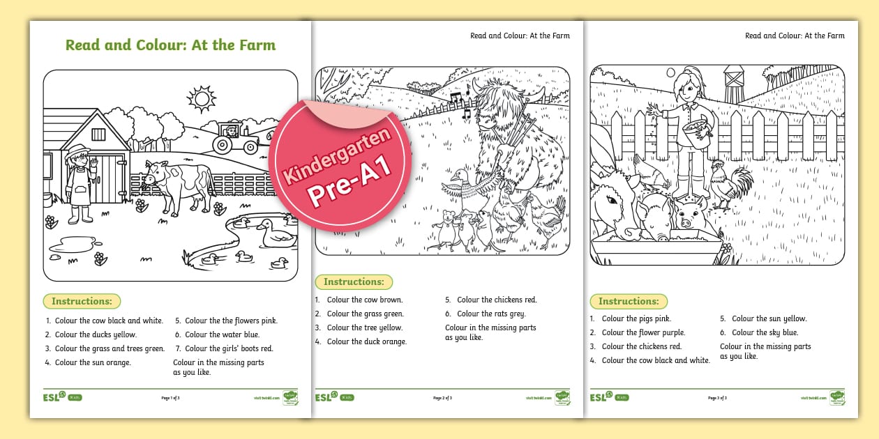 ESL Read and Colour: At the Farm [Kindergarten, A1] - Twinkl