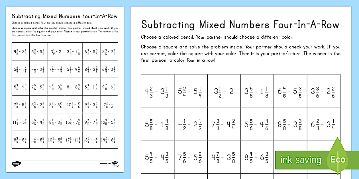 Subtracting Mixed Numbers 4-in-a-Row Game - Twinkl
