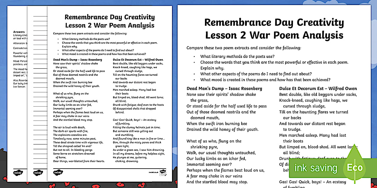 Remembrance Day Creativity Lesson 2 War Poem Analysis Worksheet / Worksheet