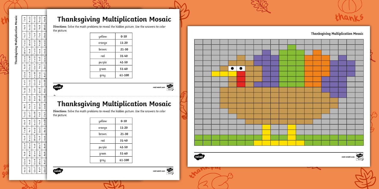 Thanksgiving Multiplication Mosaic Activity for 3rd-5th