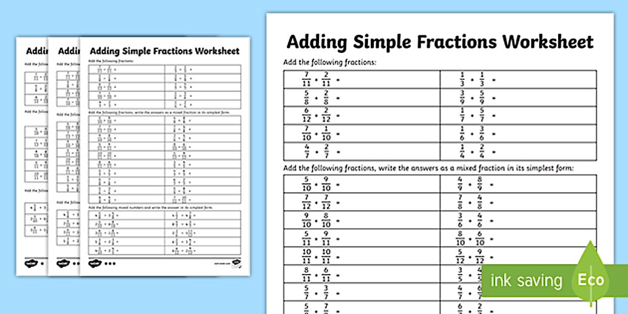 Adding Simple Fractions and Mixed Numbers Worksheet 2